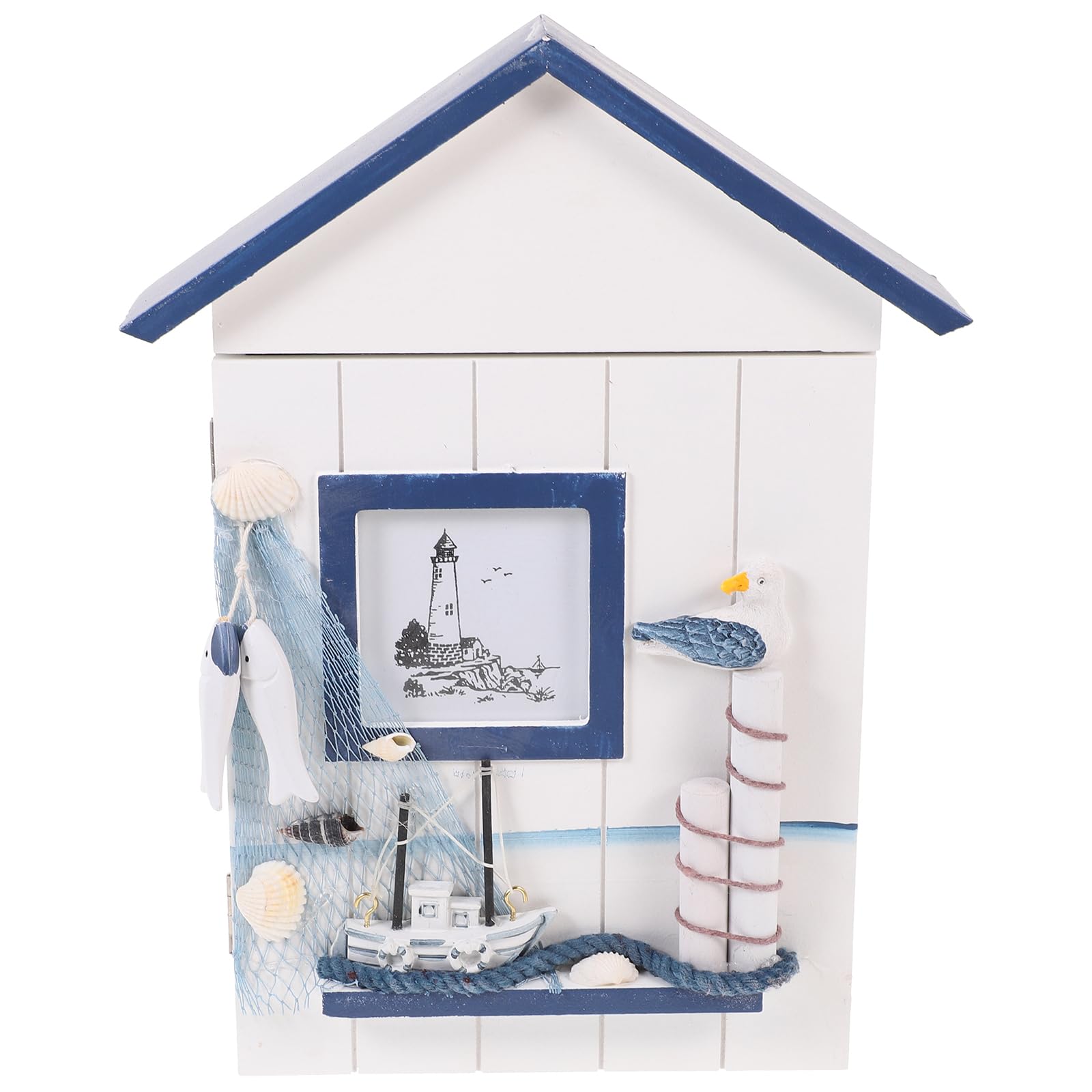 Veemoon Nautical Style Key Cabinet, Mediterranean Wall Mounted Key Cabinet Wooden Beach Living Keys Organizer for Office Home Bookstore Dining Room (Random Style)