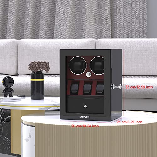 DUKWIN Watch Winder for 2 Automatic Watch, Lockable Red Watch Winder with 3 Watch Storage Places and Jewelry Storage, Super Quiet Mabuchi Motor, High-Gloss Piano Lacquer Finish, Built-in Illumination