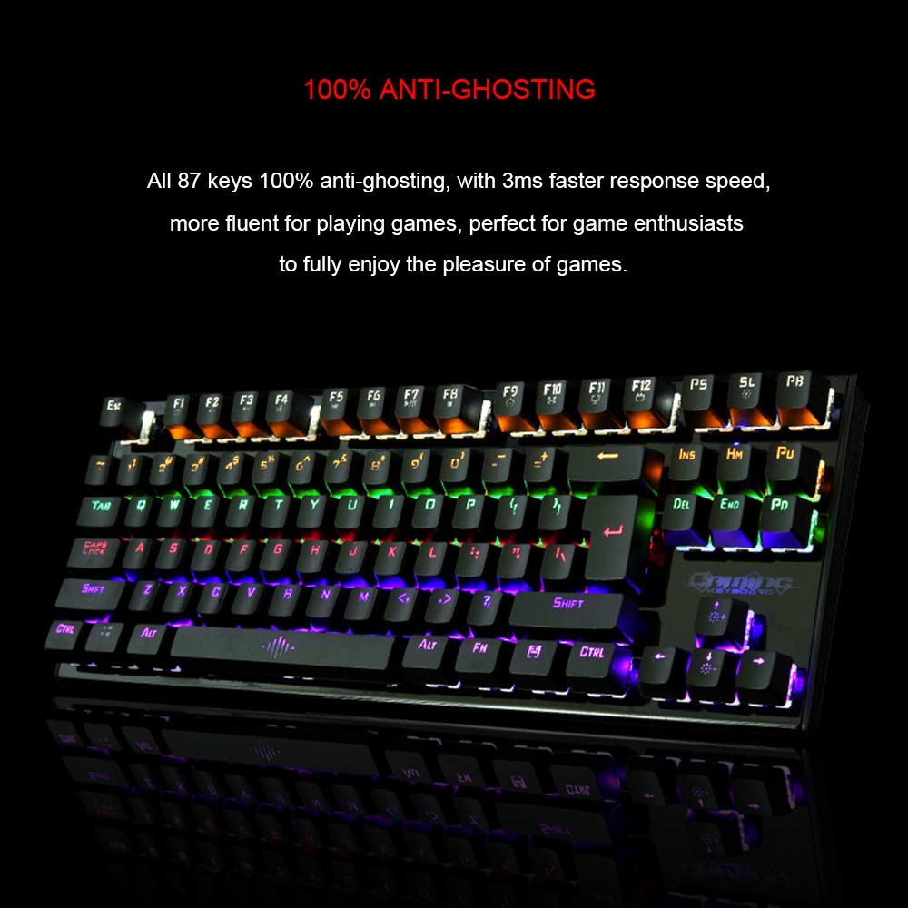 RedThunder K28 Mechanical Gaming Keyboard with Blue Switches, 87 Keys 100% Anti-ghosting Keyboard with Colorful LED Backlight and Big Hand-Rest for PC and Laptop Gamers
