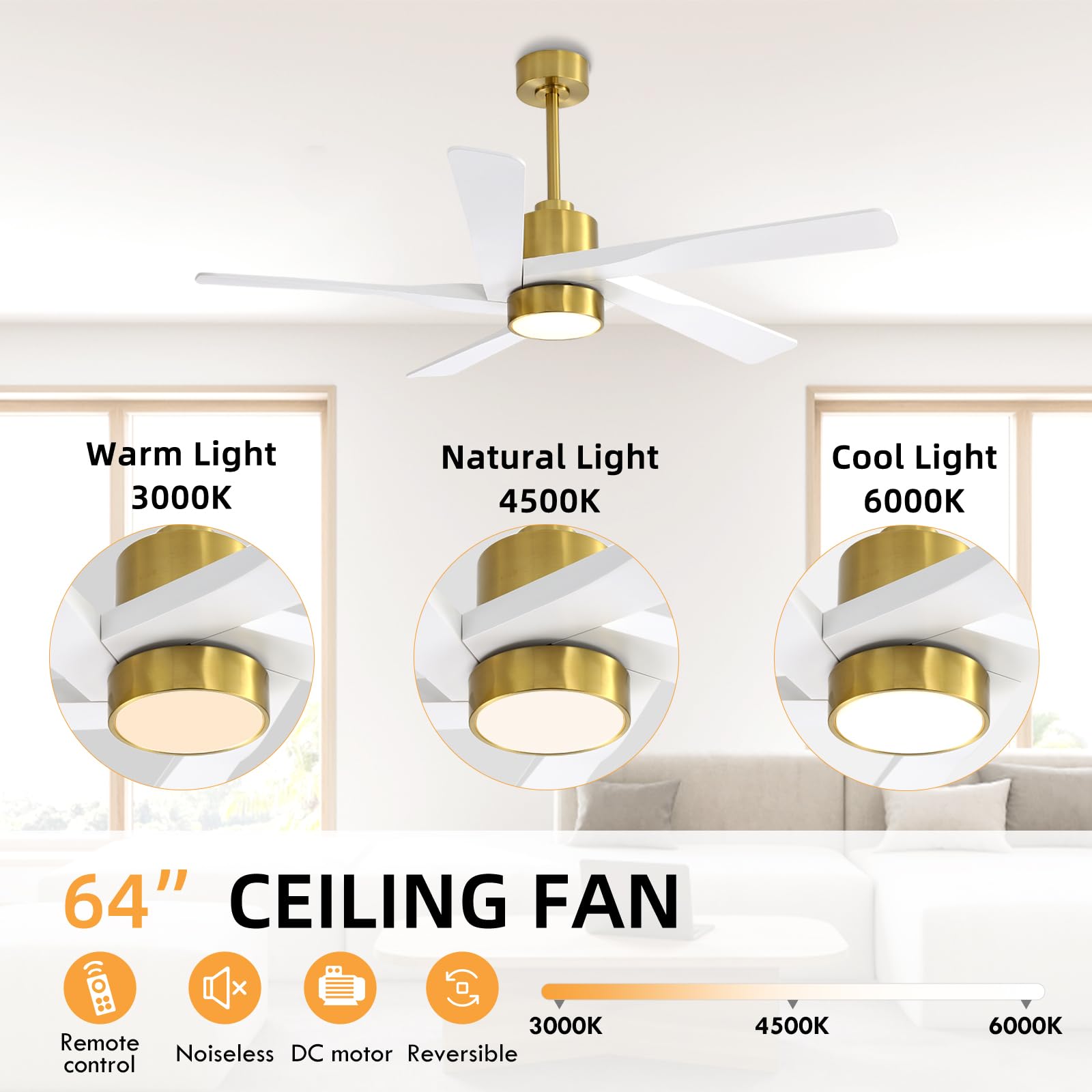 ACOZ 64" ABS DC Ceiling Fan with Lights, 5 Blade ABS Plastic Ceiling Fan with Remote, 6-Speed Reversible DC Motor, LED Ceiling Fan for Kitchen Bedroom Living Room, Brass and White