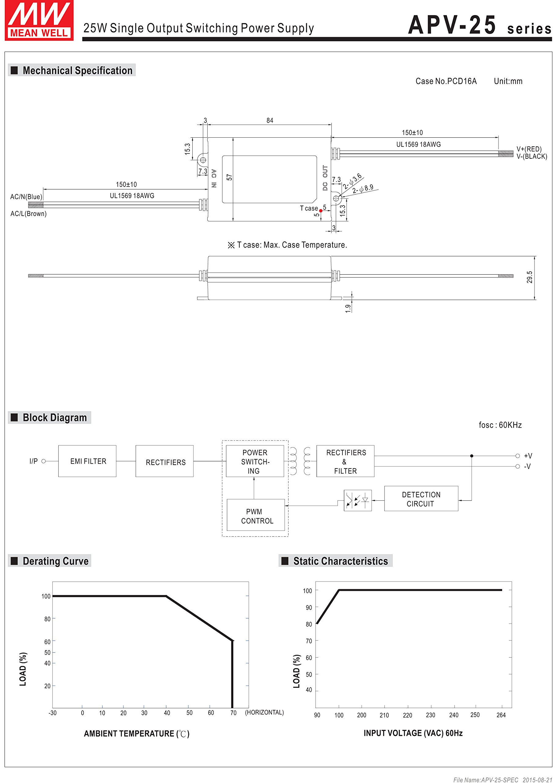 MEAN WELL Constant Voltage Mode Switching Power Supply, 24VDC 1050mA 25 Watt - APV-25-24
