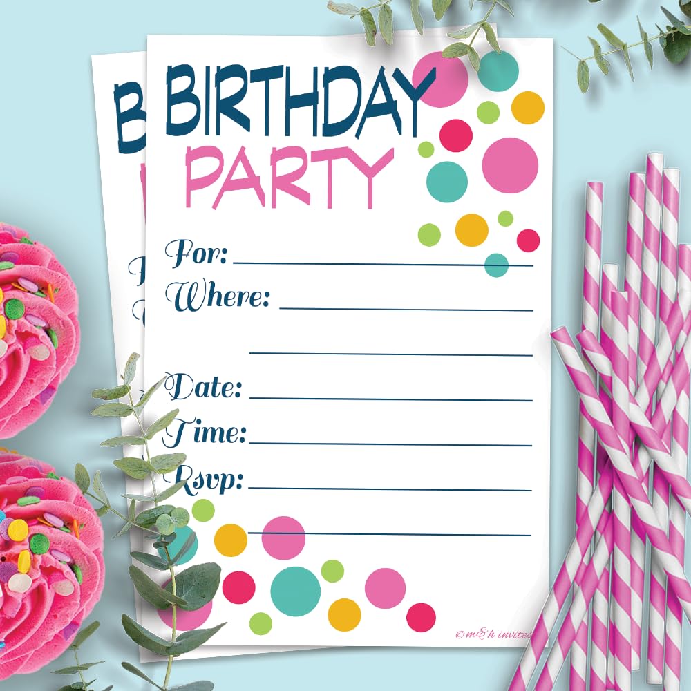 Adult or Teen Birthday Party Invitations Colorful Dots - Fill In Style (20 Count) With Envelopes