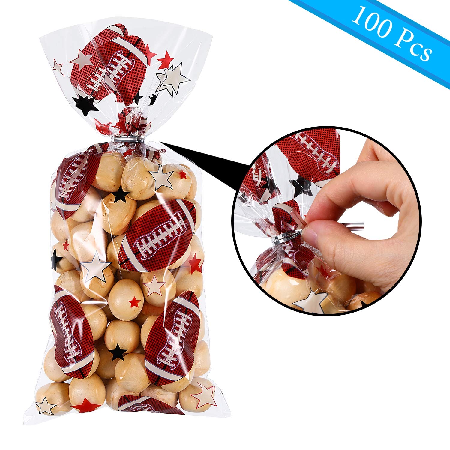 Blulu 100 Pieces Football Treat Bags Football Candy Favor Bags Heat Sealable Football Cellophane Bags Football Party Goody Bags with 100 Pieces Silver Twist Ties for Football Party Favors