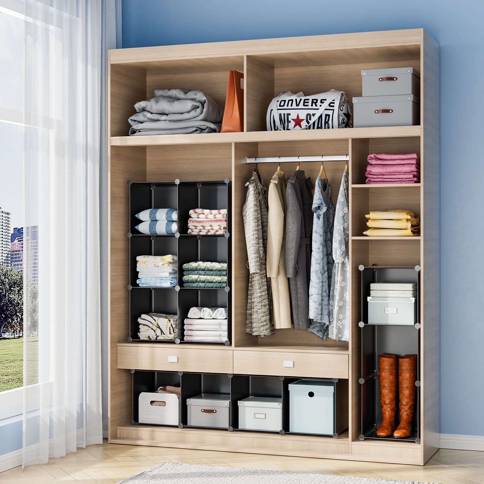 Wolizom Cube Storage Organizer, 16-Cube Black Closet Storage Shelves, Modular Units, Closet Cabinet, Portable DIY Plastic Book Shelf Shelving for Bedroom, Office, Living Room