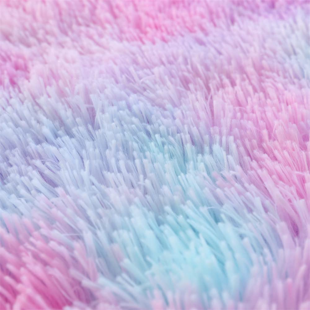 Roscloud Faux Fur Kids Girls Purple Rainbow Comforter Sets Twin/Full - 3PC Bed Set Warm Comfortable Soft Plush Flannel Velvet Fluffy Fuzzy Bedding(Comforter x 1 Pillowcases x 2)