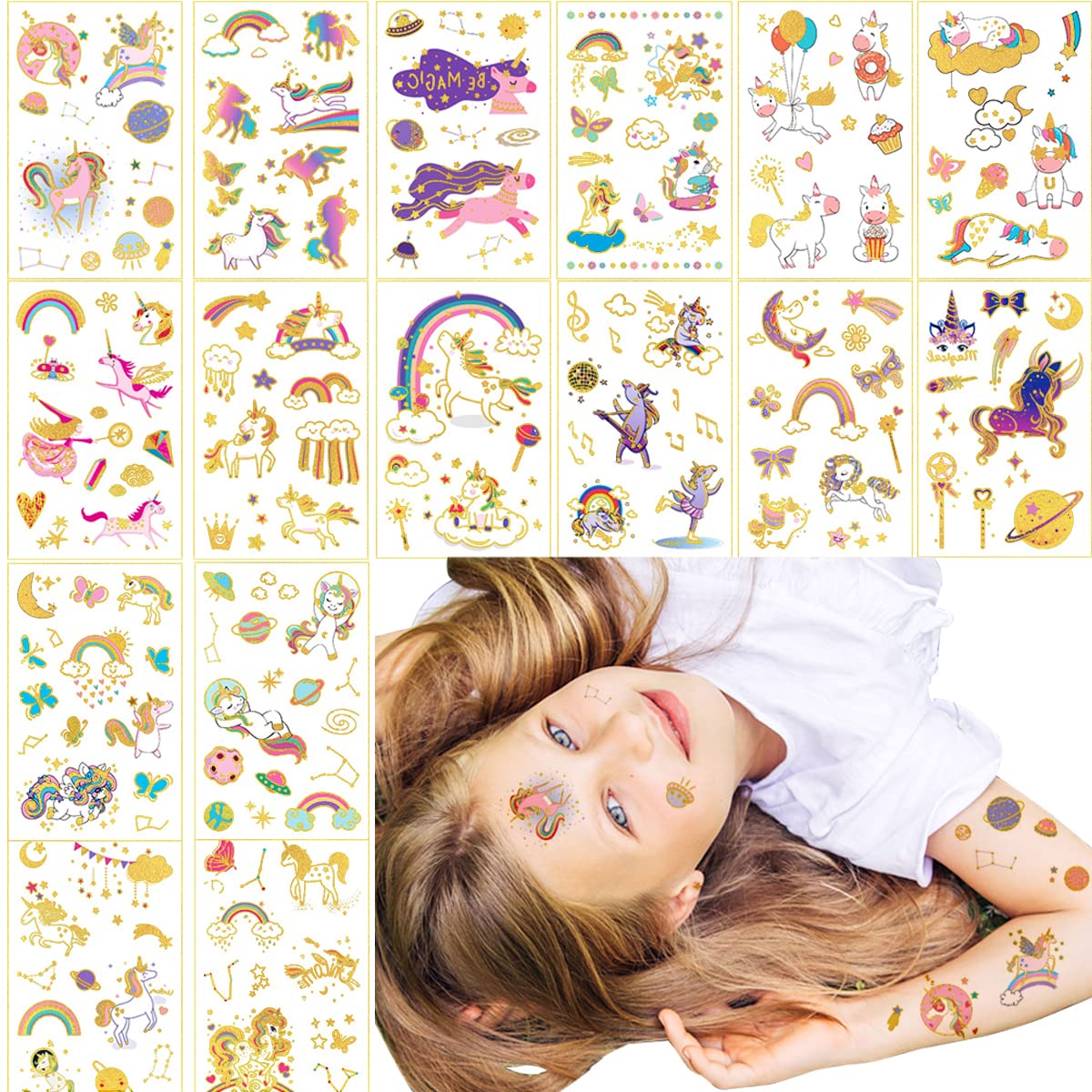 Aniuvot Glitter Temporary Tattoos for Girls Boys Kids Birthday Party Favor Supplies 16 Sheets, Children Gold Metallic Body Decoration Stickers - Rainbow, Butterflies, Space StylesâŚ