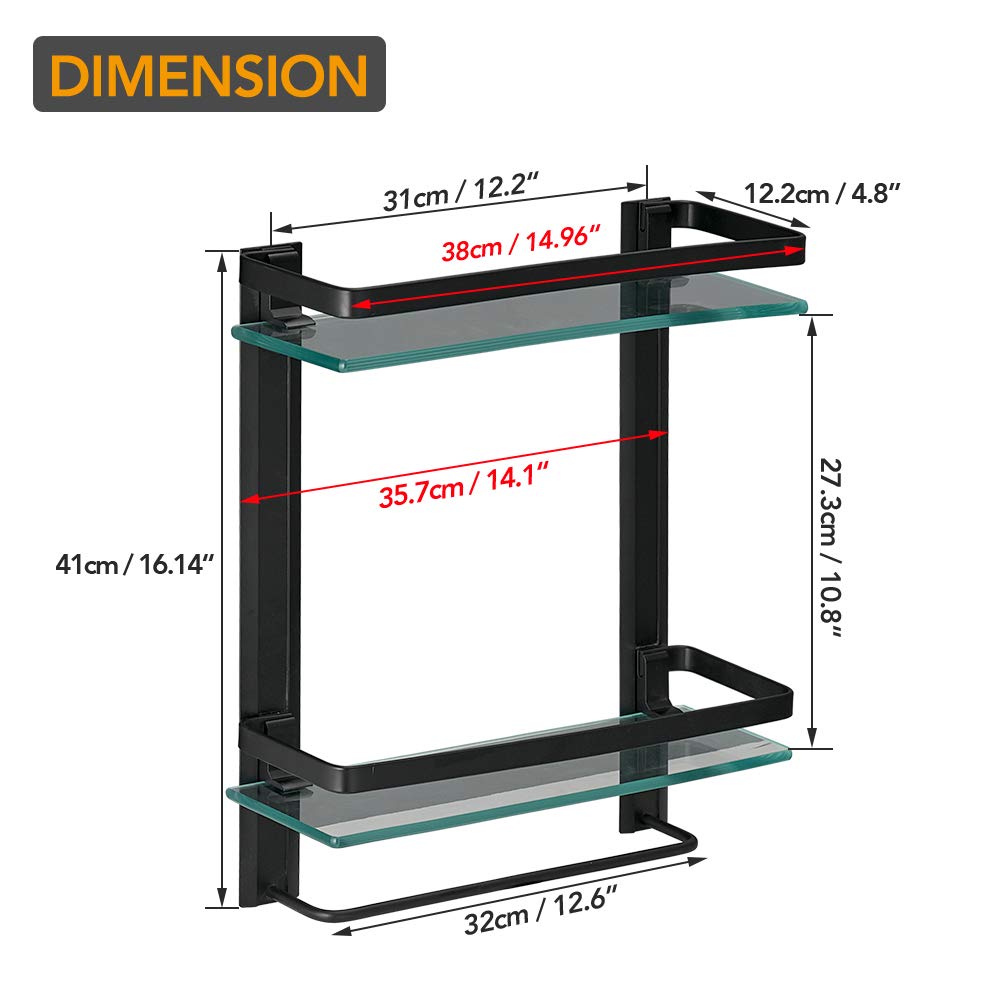BESy Heavy Duty Lavatory Glass Bathroom Shelf, 2 Tier Tempered Glass Shower Shelves with Towel Bar Wall Mounted, Shower Storage 15 by 5 inches, Matte Black Finish/Aluminum
