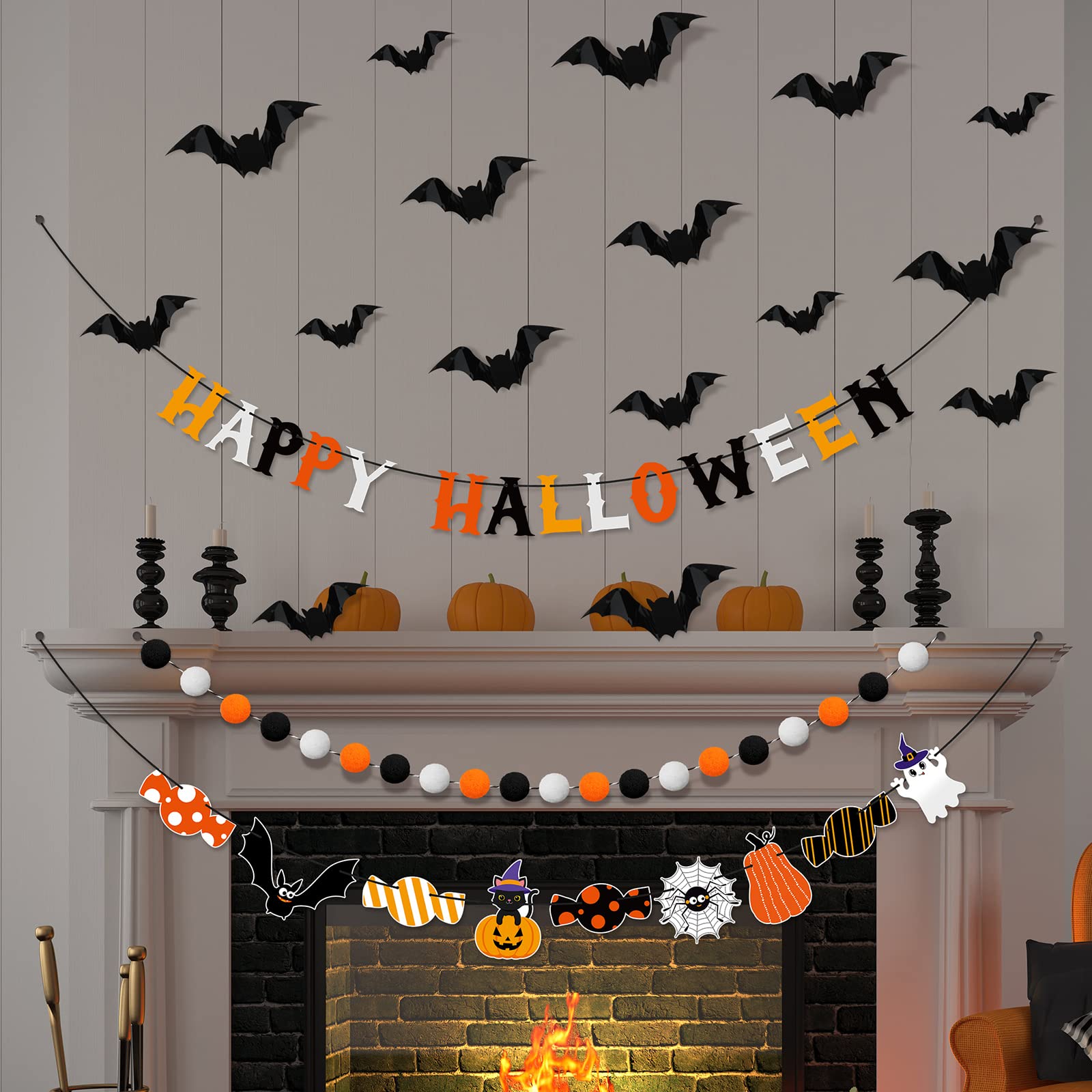 Happy Halloween Banner Pom Pom Garland Set and Halloween Bat Candy Banner with Black Bat Wall Sticker for Halloween Party Decorations Home Decor