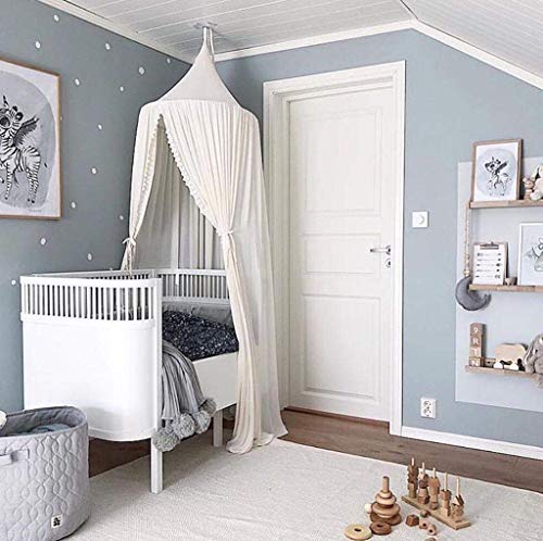 Kids Bed Canopy with Pom Pom Hanging Net for Baby Crib Nook Castle Game Tent Nursery Play Room Decor,White