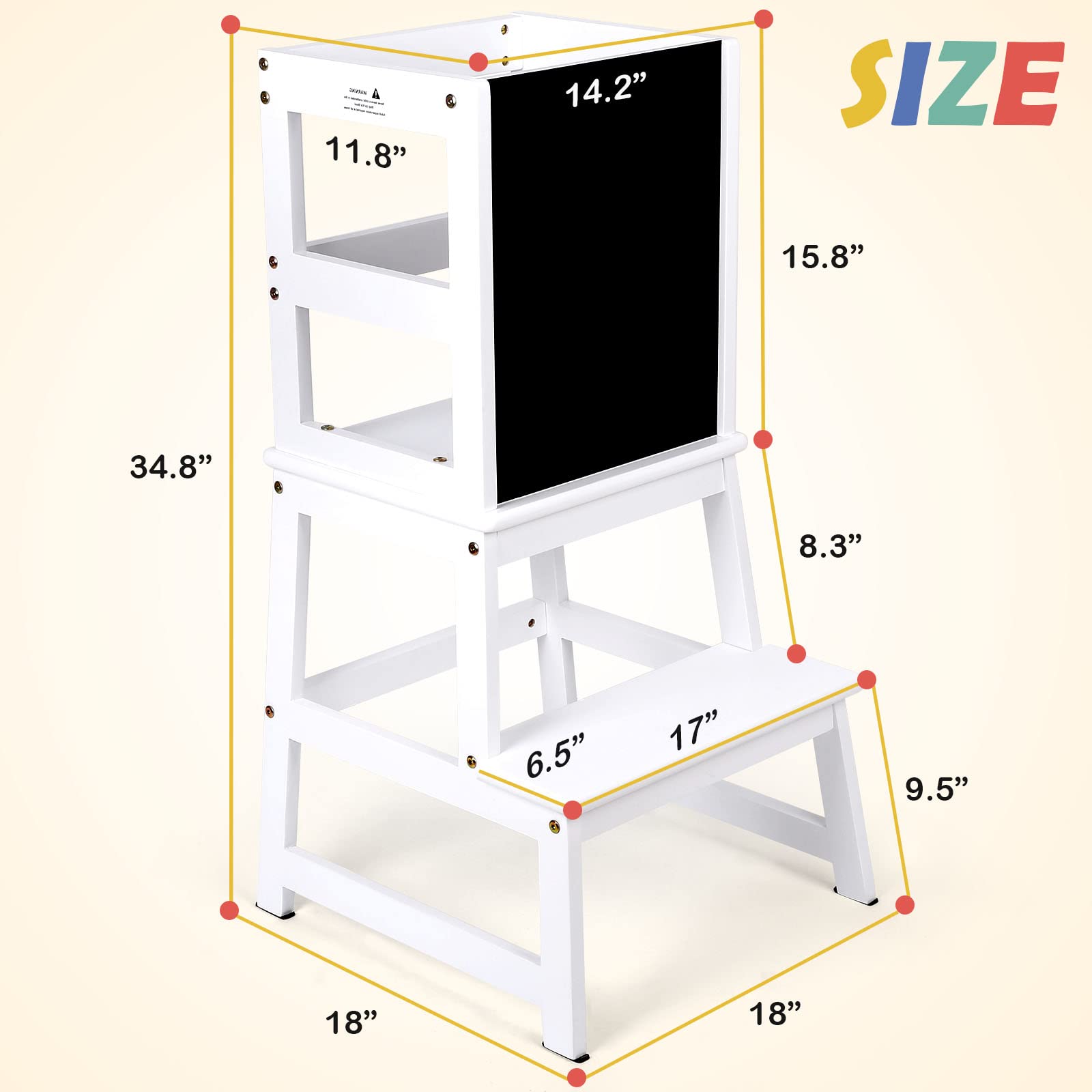 Kids Kitchen Step Stool with Chalkboard & Safety Rail for Toddlers 18 Months and Older, Safety Anti-Slip Protection, Removable Step Stool for Adult Use, White