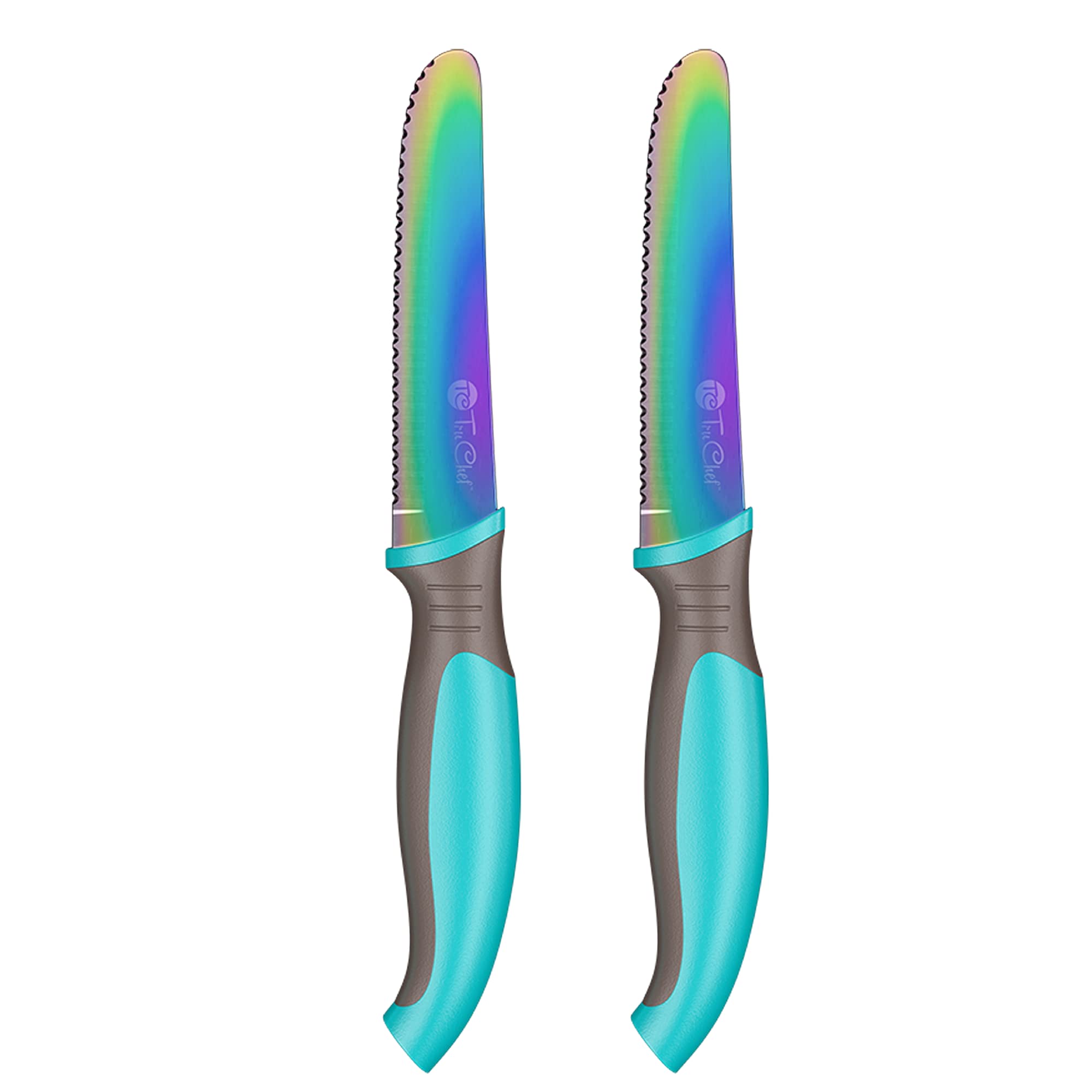 TruChef Kids Tomato Steak Knife Set for Real Cooking (Aqua) - 2pcs - Skin Friendly Serrated Edge Stainless Steel Lightweight - Safe for Children & Beginners
