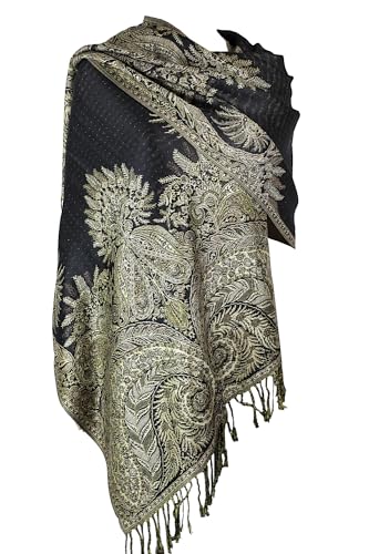 Achillea Luxurious Big Paisley Jacquard Layered Woven Pashmina Shawl Wrap Scarf Stole (Black)