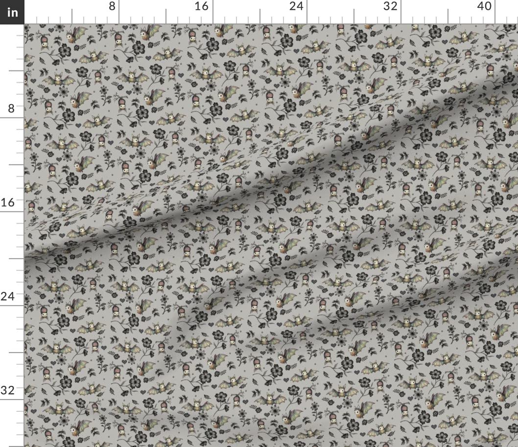 Spoonflower Fabric - Bat Pattern Grey Flowers Wild Hearts Animals Bats Decor Printed on Petal Signature Cotton Fabric Fat Quarter - Sewing Quilting Apparel Crafts Decor