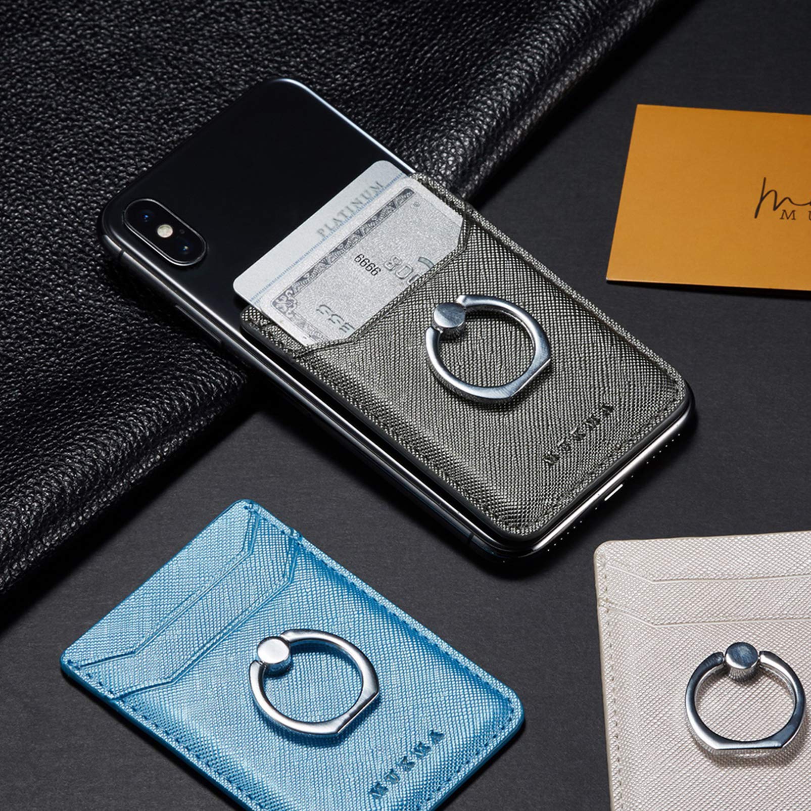 ACRSIKR Card Holder for Back of Phone, RFID Blocking Cell Phone Credit Wallet with Ring Pocket Stick on iPhone Rose Gold