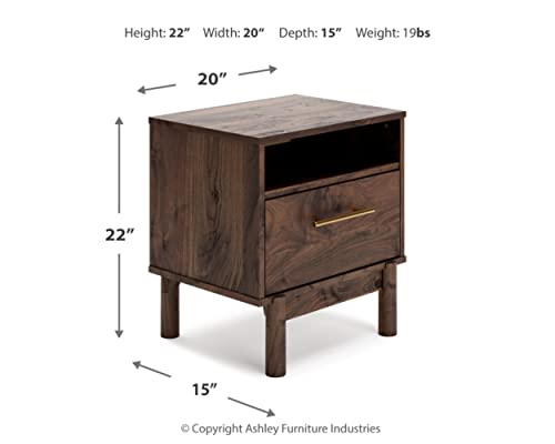 Signature Design by Ashley Calverson Modern 1 Drawer Nightstand with Open Cubby, 21.18" Tall, Dark Brown
