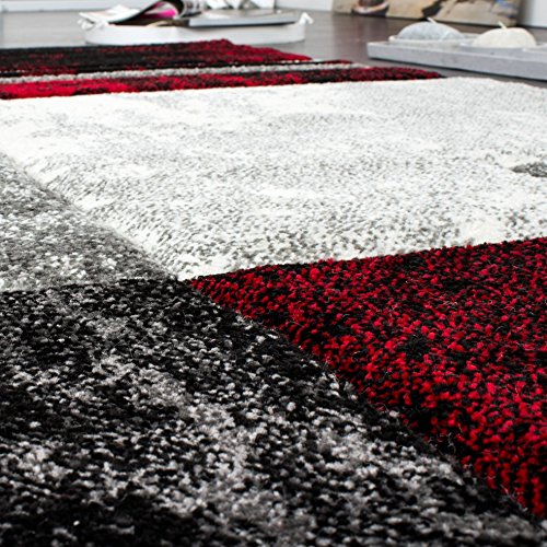 Paco Home Designer Rug Modern with Contour Cut Chequered in Silver Black Red, Size: 5'3" x 7'7"