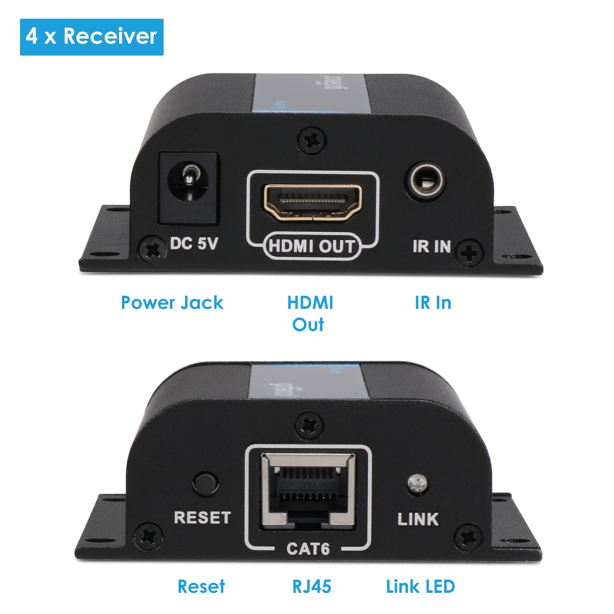 gofanco 1080p 1x4 4 Port HDMI Extender Splitter Over CAT5e/CAT6/CAT7 Ethernet Cable β IR Extension, Up to 40m (130ft) at 1080p 60Hz, 1 in 4 Out (HDMIExt4P)