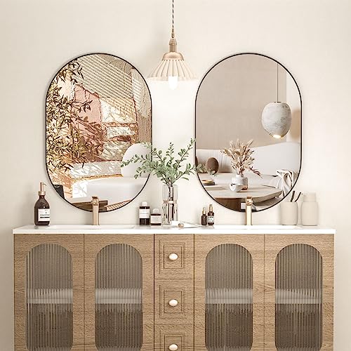 CASSILANDO 2 Pieces Oval Mirror, 20"×30" Oval Bathroom Mirror, Metal Frame Mirror, Hang Horizontally or Vertically Unique Wall Mounted Mirror, Black Vanity Mirror for Living Room, Bathroom