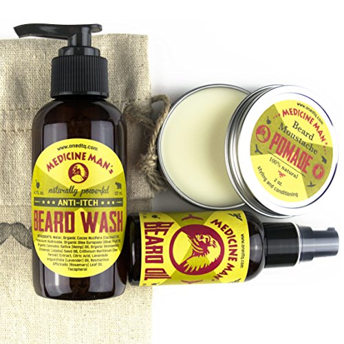 Medicine Man's Beard & Mustache Care Kit: Itchy Beard Wash 4,7 FL OZ, Anti Itch Beard Oil 2 FL OZ, Beard & Mustache Balm 2 FL OZ - in a Mustache Stamped Linen Pouch