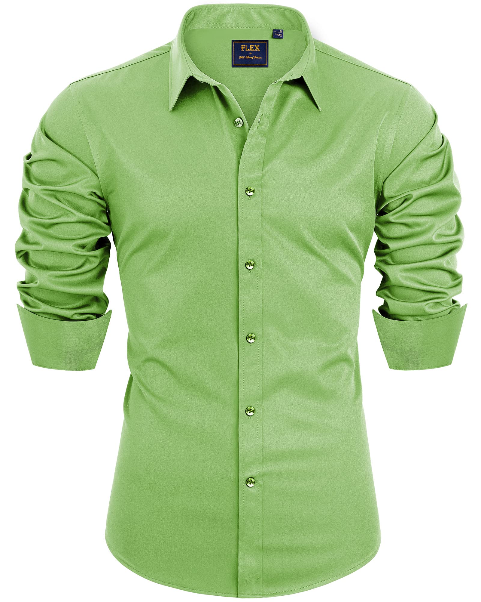 Alimens & Gentle Men's Bright Green Slim Fit Dress Shirts Solid Muscle Fit Wrinkle-Free Casual Button Down Shirt