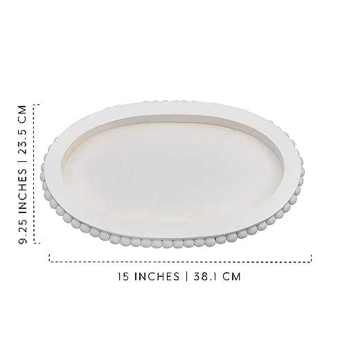 AuldHome Wood Beaded Tray (White), Decorative Farmhouse Style Oval Wooden Tray