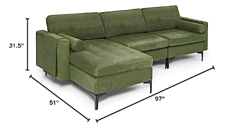 Giantex Sectional Sofa Couch with USB Ports, 3-Hole Socket, Hidden Storage Box, L-Shaped Modular Sofa with Reversible Chaise Lounge, 2 Side Bolsters for Living Room Bedroom Office