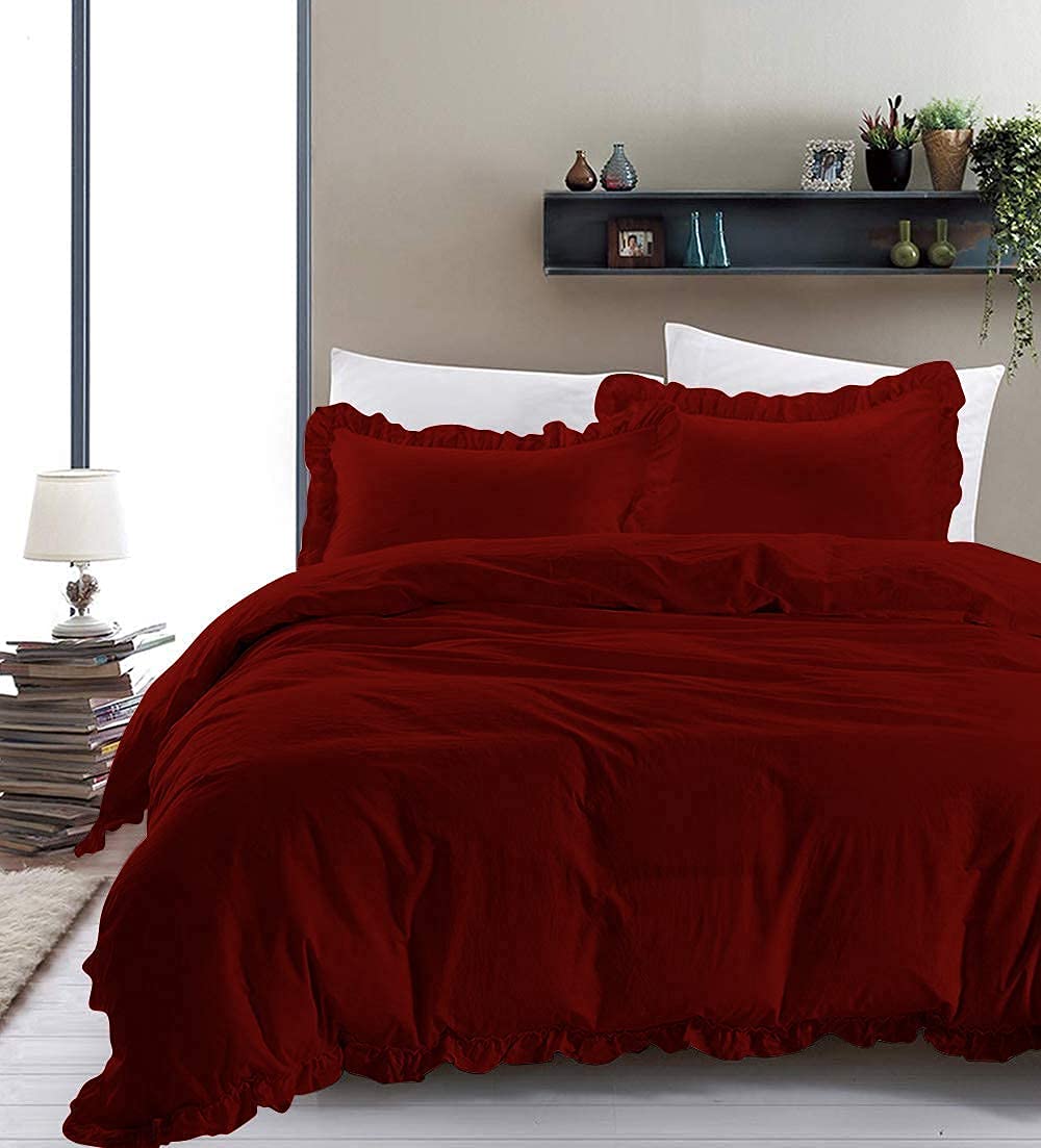 Xtream Fabric 1 Piece Frilled Duvet Cover Corner Edge Ruffle Comforter Cover & 4 Pillowcase, 5 PCs Frilled Duvet Set Cotton 800 TC Full/Queen Size, Burgundy