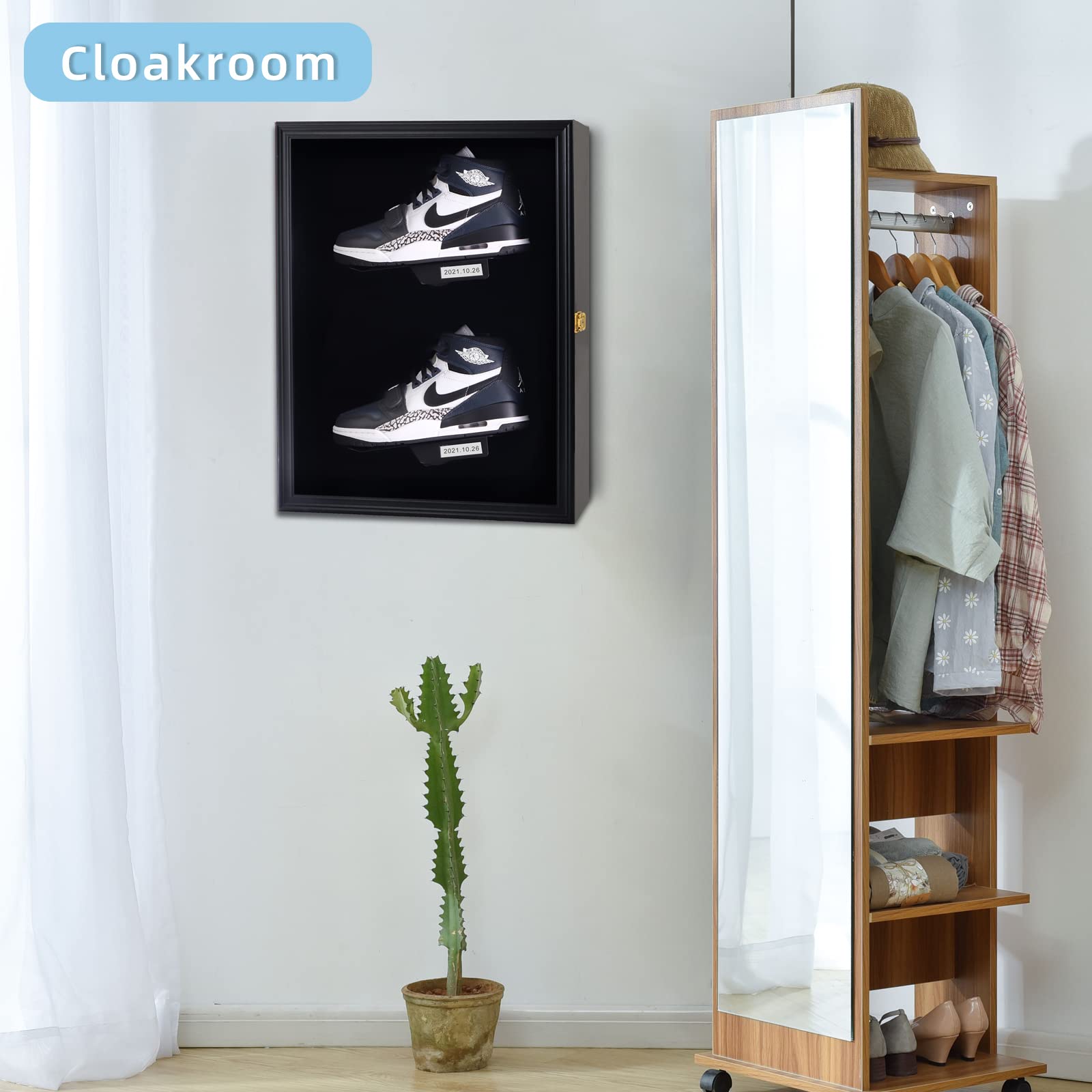 COMSREV Memorabilia Shoe Display Case Wooden Frame Wall Mount Acrylic Clear Door Sneaker Cabinet Containers Storage Shelves Boxes 98% UV Protection Lockable(Double Shoe-Black)