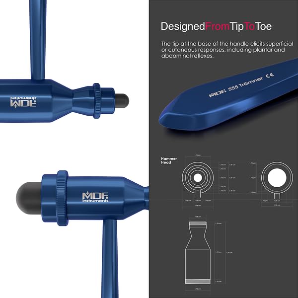 MDF Instruments, Tromner Neurological Reflex Hammer with Pointed Tip Handle for Cutaneous and Superficial Responses - Free-Parts-for-Life (MDF555CD11) (Capridium Blue)