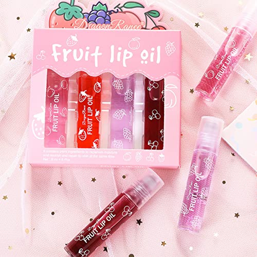 Alisesun 4 Pcs Fruit Roll-on Lip Gloss Set, Clear Lip Gloss Crystal Jelly Liquid Lipstick, Plumping Lip Oil Moisturizing Hydrating Non-Sticky, Nice Gift for Women Girl
