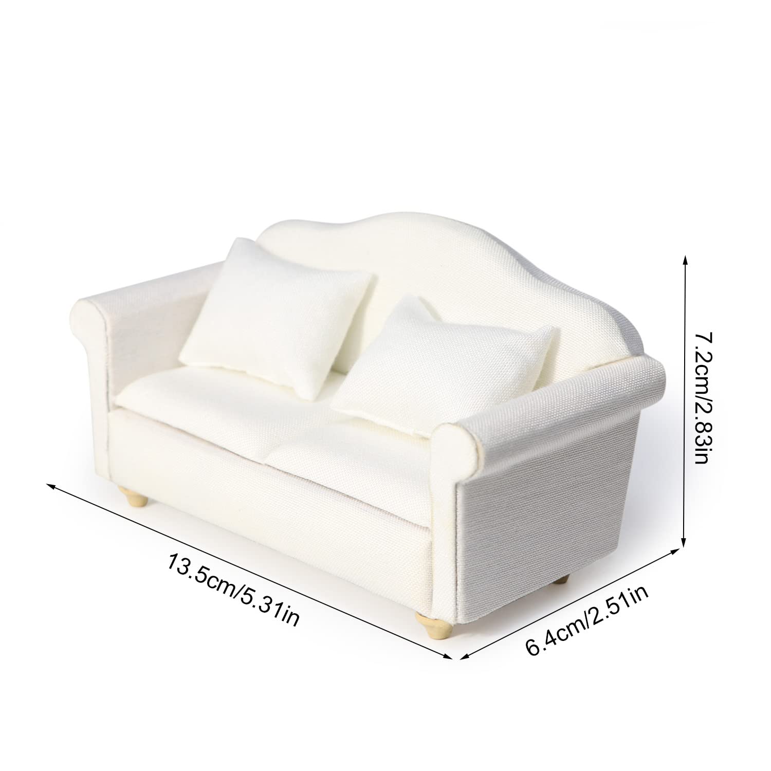 Dollhouse Couch Miniature Furniture Sofa with Pillows for Living Room Desktop Decoration Fabric Sofa Mini Home Scene Accessories Ornament (Double Sofa, White)