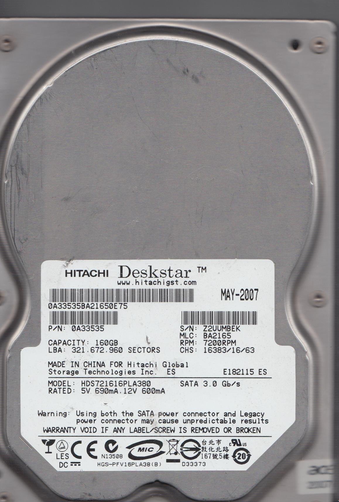 HDS721616PLA380, PN 0A33535, MLC BA2165, Hitachi 160GB SATA 3.5 Hard Drive