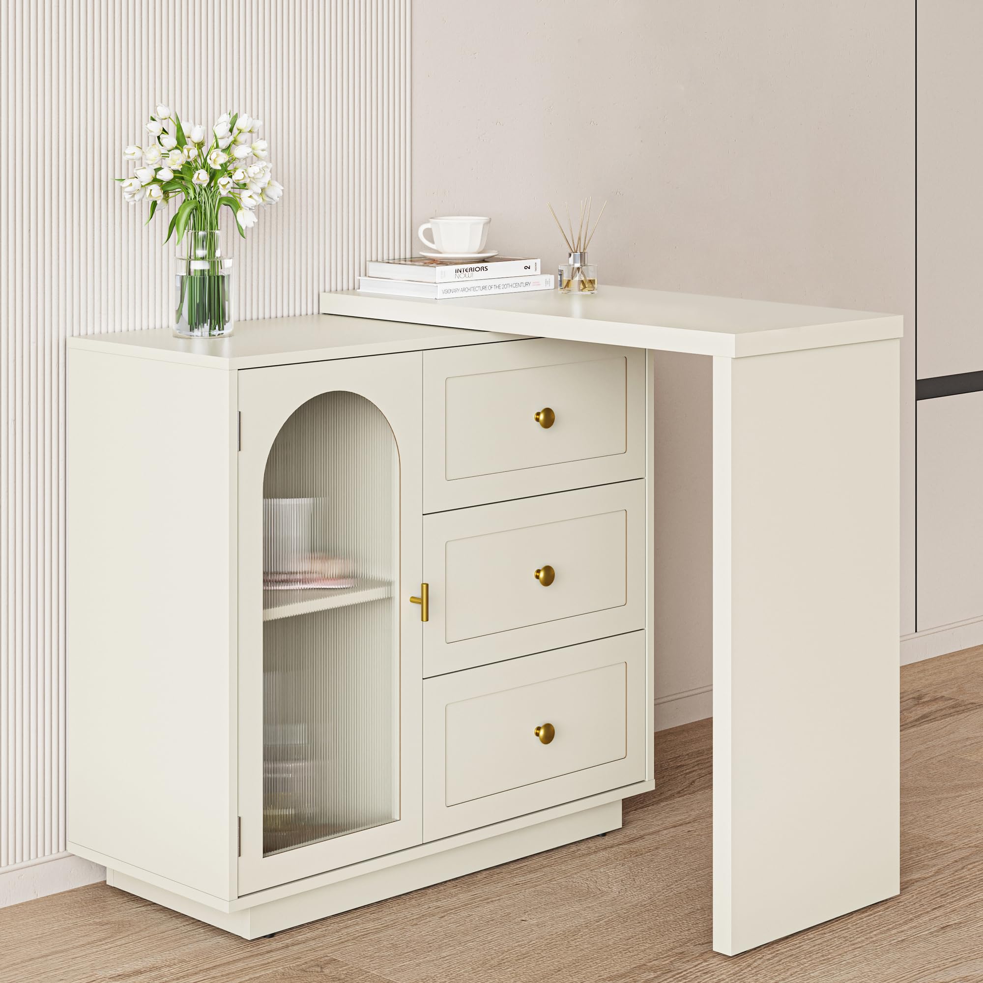 RoyalCraft Makeup Vanity Desk, Extendable Corner Vanity Makeup Table with 3 Drawers & 1 Door, Modern Dressing Table for Bedroom, Cream White Makeup Vanity Without Mirror
