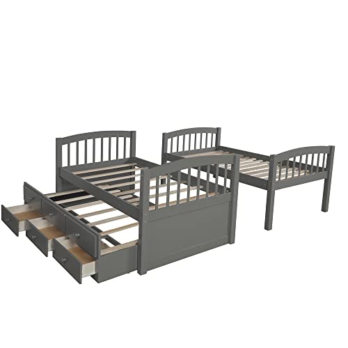 BIADNBZ Twin Over Twin Bunk Bed with Trundle and 3 Storage Drawers, Wooden Detachable Bunkbed Separated into 2 Platform Bedframes for Bedroom/Guest Room, Gray