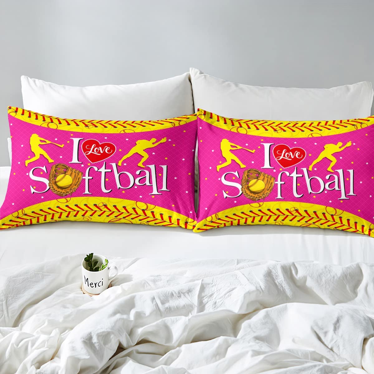 Softball Player Bedding Set Twin Size Sports Softball Bed Set for Girls Teens Bedroom Decor Kids Yellow and Pink Fitted Sheet Soft Microfiber Gaming Bed Cover(1 Fitted Sheet+1 Pillow Case)