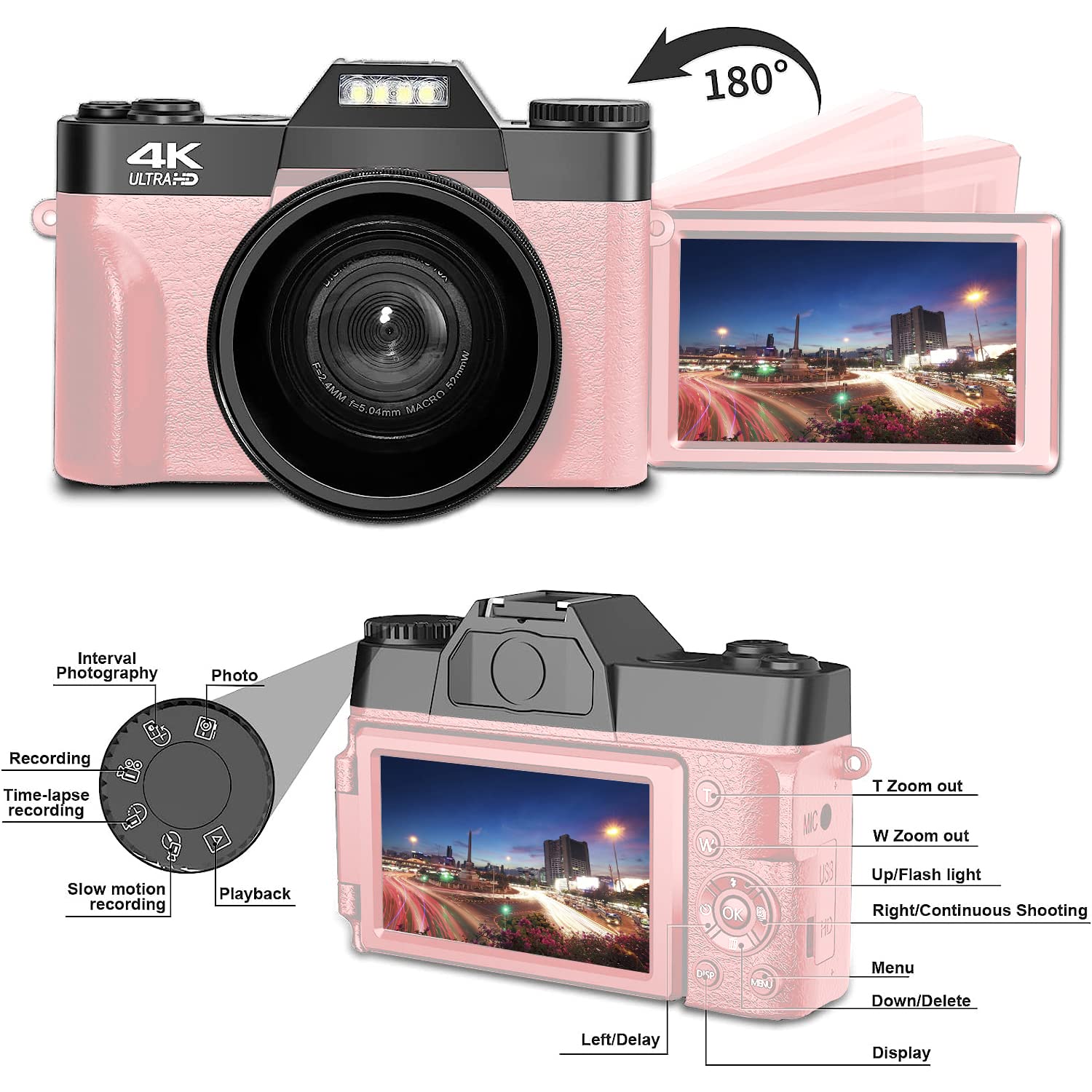 Acuvar 4K 48MP Digital Camera Kit for Photography, Vlogging Camera for YouTube with Flip Screen, WiFi, Wide Angle & Macro Lens, 64GB Micro SD Card, 50" Tripod, Case, Card Reader, Microphone, LED Pink