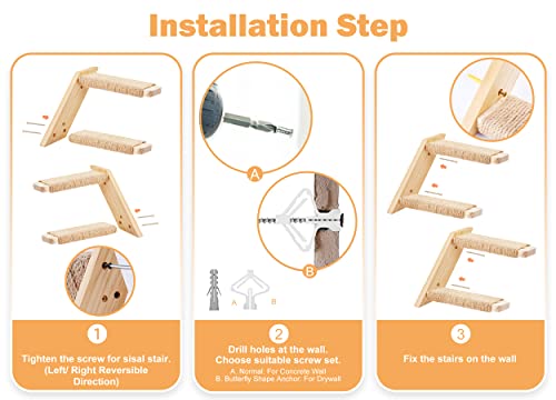 Cat Climbing Stair Shelf Wall Mounted Reversible Left & Right Direction, Cat Stairway Shelf for Climbing with Sisal Rope Ladder Cat Wall Furniture