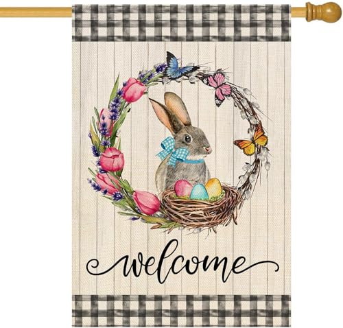 Baccessor Tulip Wreath Welcome Garden Flag Double Sided Buffalo Plaid Easter Egg Cute Bunny Rabbit Yard Flag for Spring Holiday Outdoor Outside Decoration 28x40 Inch