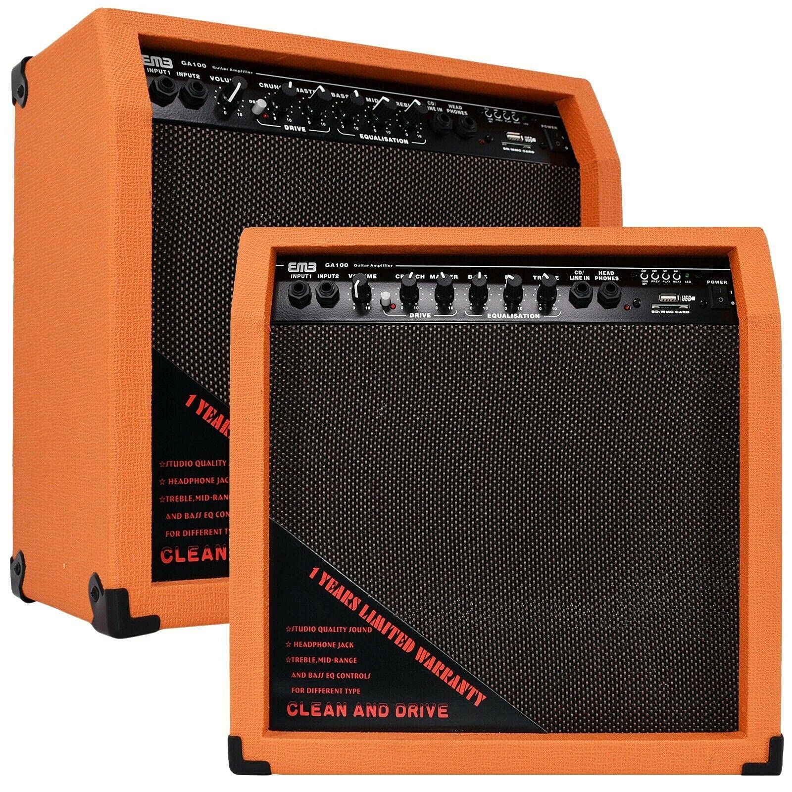 EMB GA100 500W 10" Electric Guitar Amplifier Speaker Portable Powerful Studio and Stage Cabinet PreAMP β with Built in Headphone Jack and 2 Inputs and SD USB AUX Bluetooth (Yellow)