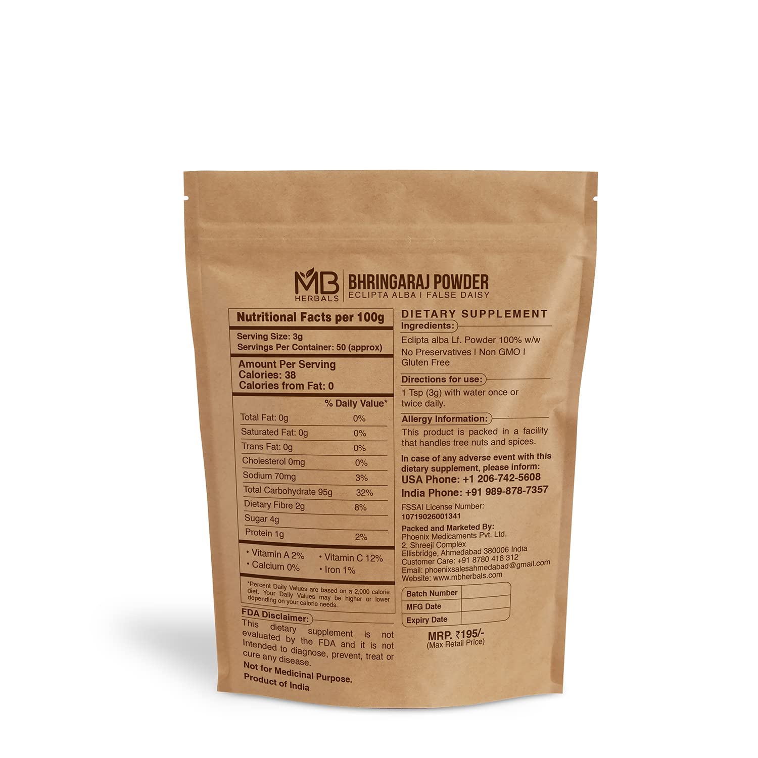 MB Herbals Pure Bhringraj Powder 100 Grams | Pure Bhringaraj Eclipta Alba Powder | Hair Growth