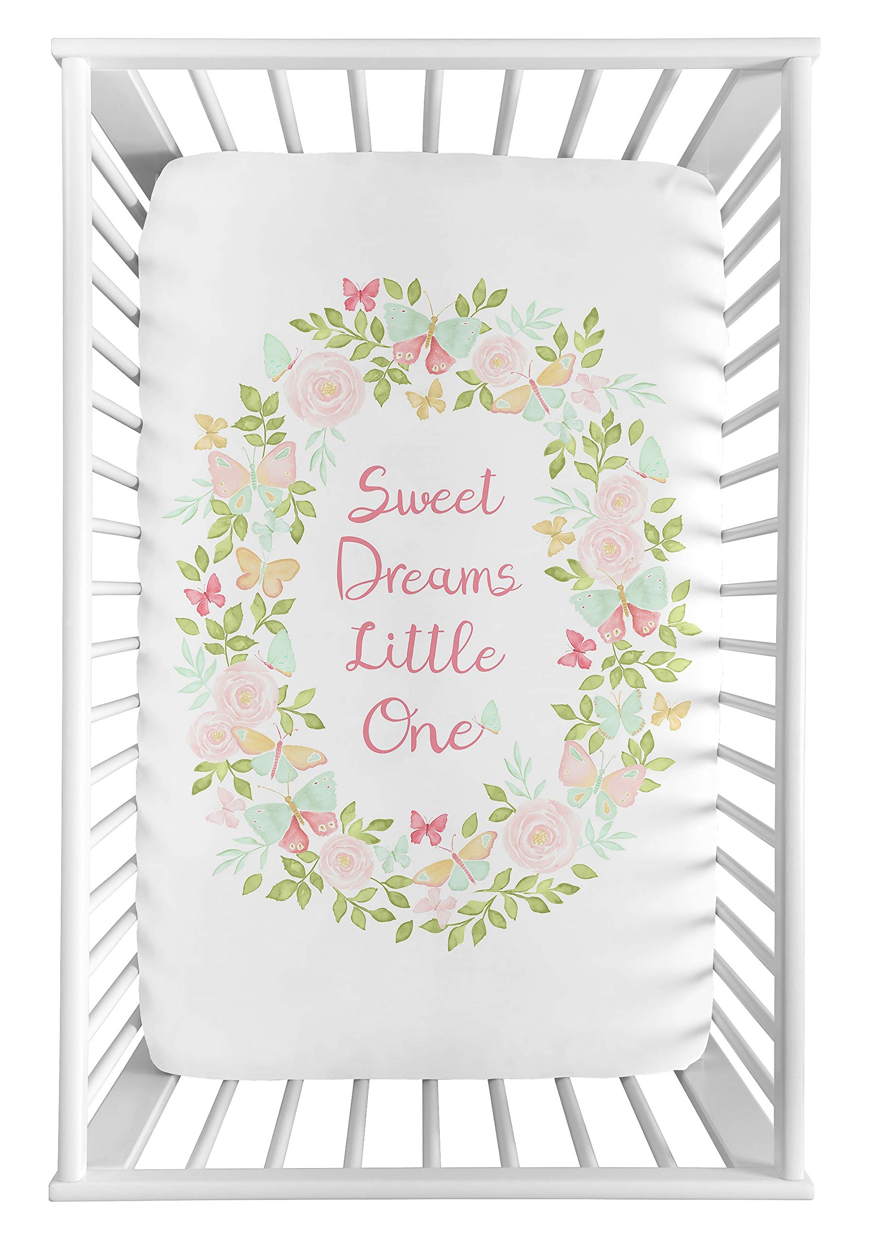 Sweet Jojo Designs Blush Pink, Mint and White Watercolor Rose Baby Girl Fitted Mini Portable Crib Sheet for Butterfly Floral Collection - Sweet Dreams Little One - for Mini Crib or Pack and Play ONLY