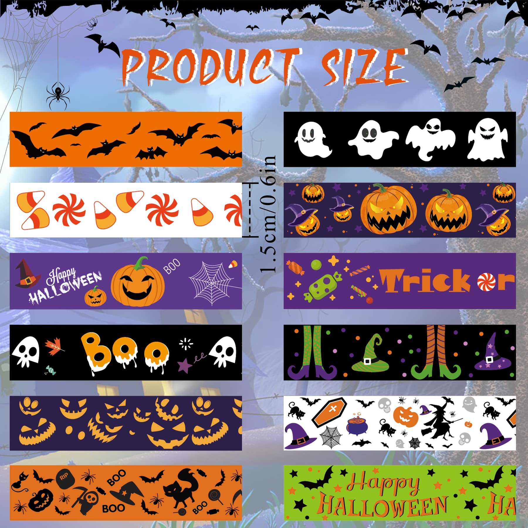 SANNIX 12 Rolls Halloween Washi Tape 15mm Wide Halloween Pumpkin Ghost Bat Masking Tape for DIY Crafts and Scrapbooking