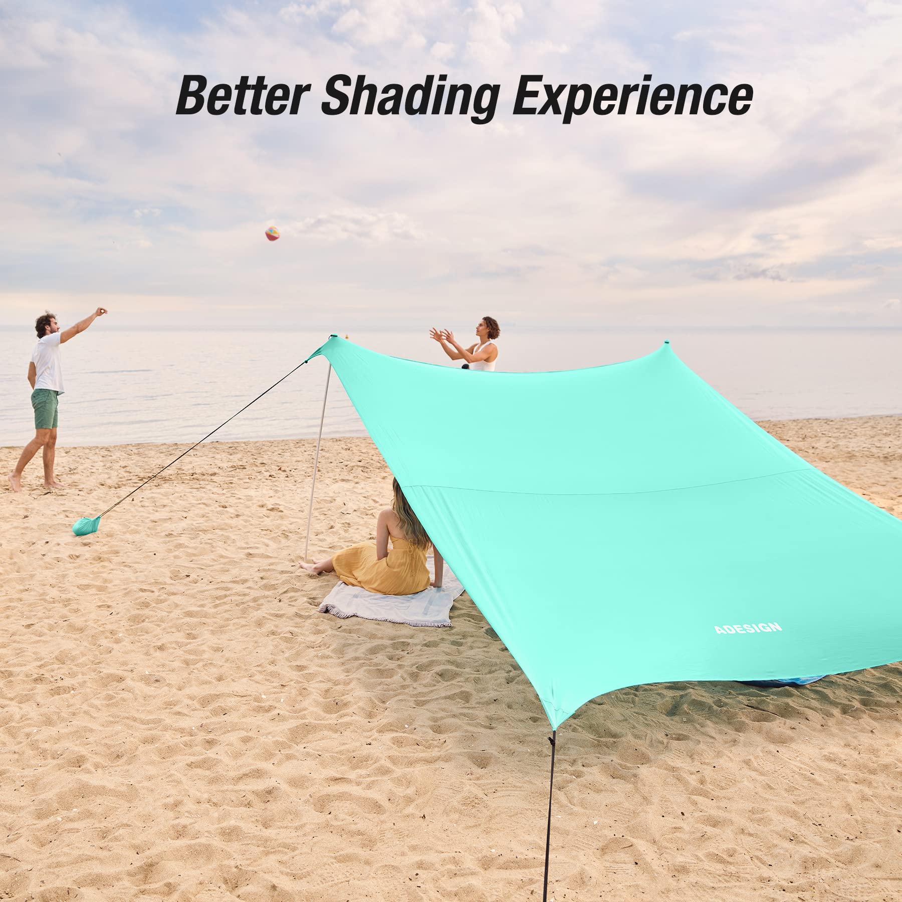 ADesign Windproof Beach Tent Sun Shelter with 8 Sandbags, Wind Resistant Large Family Beach Canopy with Sand Shovel, UPF50+, 6.5 FT Tall, Easy Setup Sun Shade for Beach Vacation