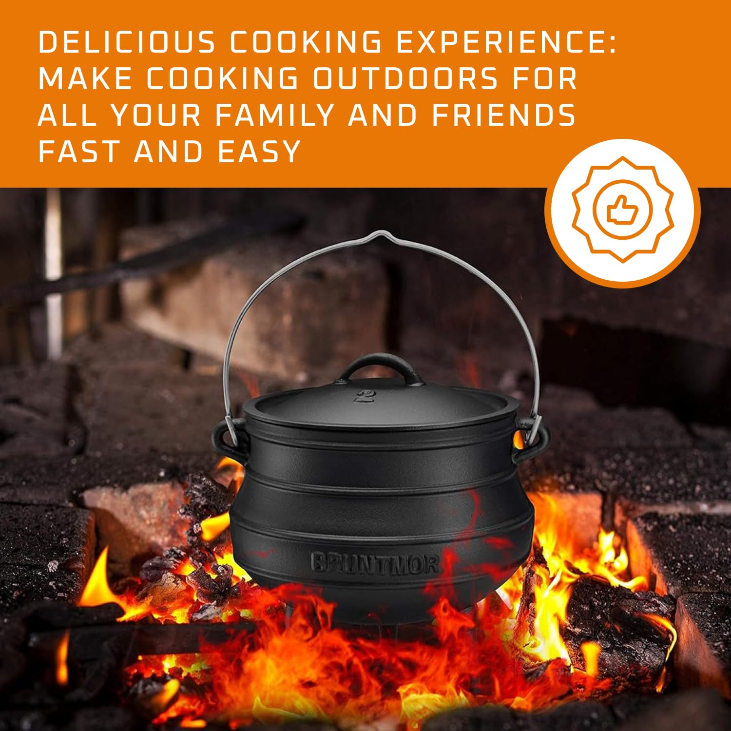 Bruntmor Pre-Seasoned Cast Iron Cauldron - 6 Quart African Potjie Pot with Lid - 3-Legged Dutch Oven for Camping and Over-the-Fire Cooking - Durable Outdoor Cookware for Stews, Chili, and Slow Cooking