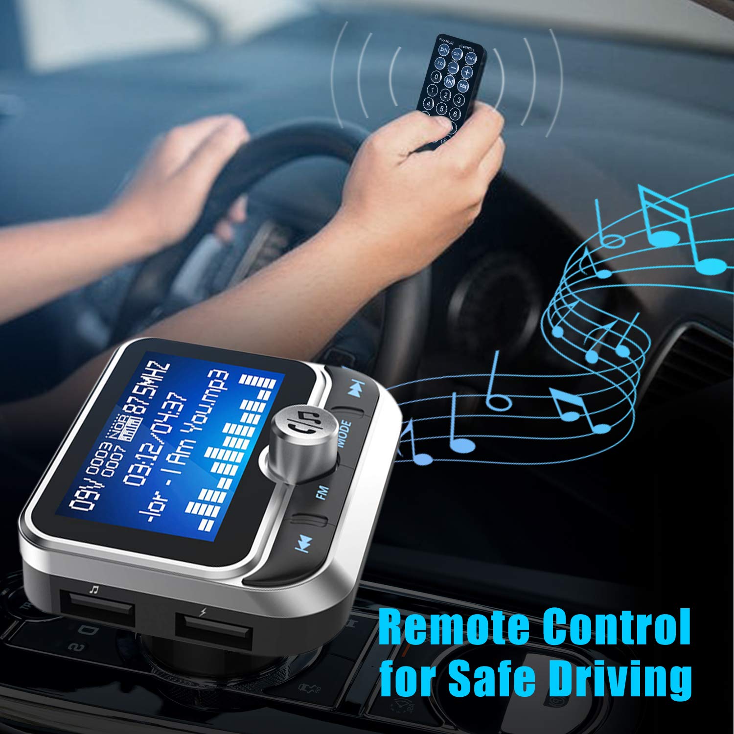 ToHayie Bluetooth FM Transmitter for Car, Transmitter Bluetooth Car Wireless Radio Adapter Hands-Free Car Kit with 1.8 inch Display, Dual USB Car Charger, AUX Input/Output, TF Card Mp3 Player, Silver