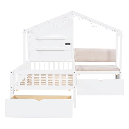 BIADNBZ Wooden Twin Size House Bed with Upholstered Sofa, House Bedframe with Charging Station, Wireless&Charging, Shelves and Two Drawers for Boy/Girl/Bedroom,White