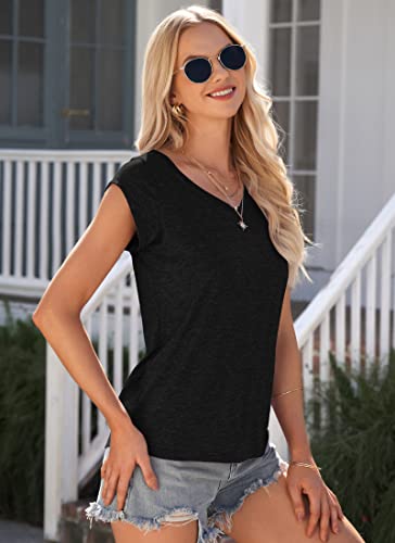 AUSELILY Womens Cap Sleeve T-Shirt Casual Loose Fit Tank Tops Black