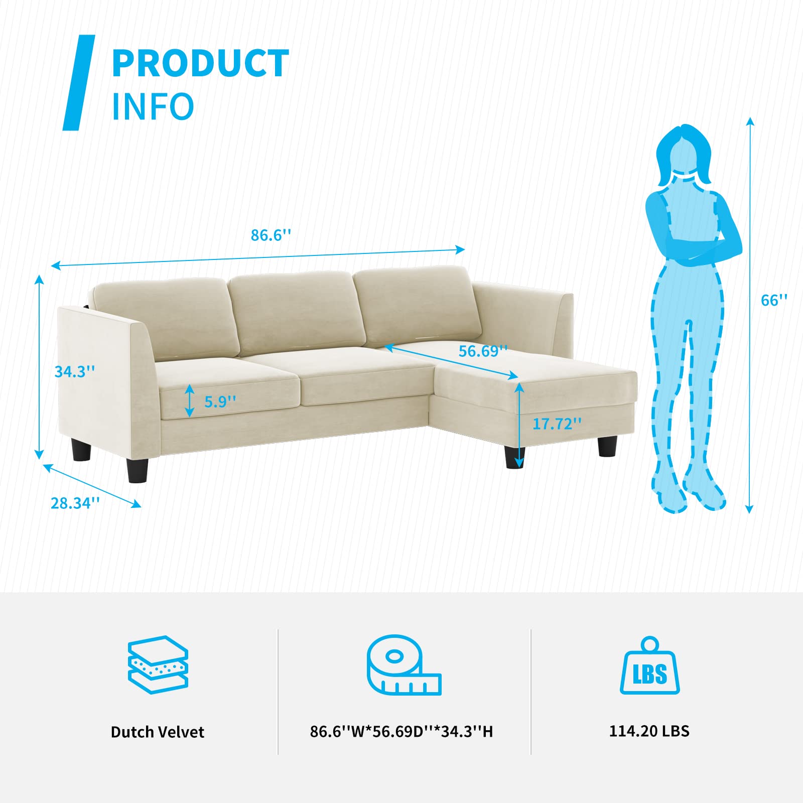 Mjkone Convertible Sectional Sofa Couch, 86'' W Velvet Sofas for Living Room, L Shaped Couches with Reversible Chaise, Couch Office/Bedroom/Living Room (Beige) Creamy White