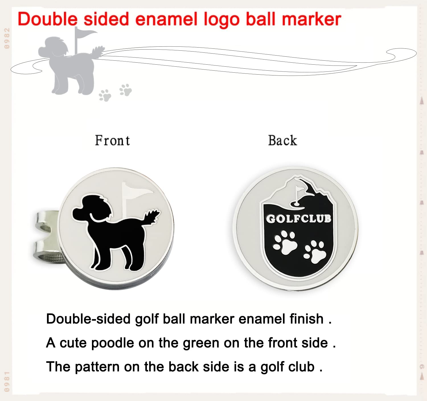 Adhere Golf Ball Markers Unique Double Side Enamel Logo with A Magnetic Hat Clips,a Good Gift for Dog Lover golfter (Cute Poodle White)