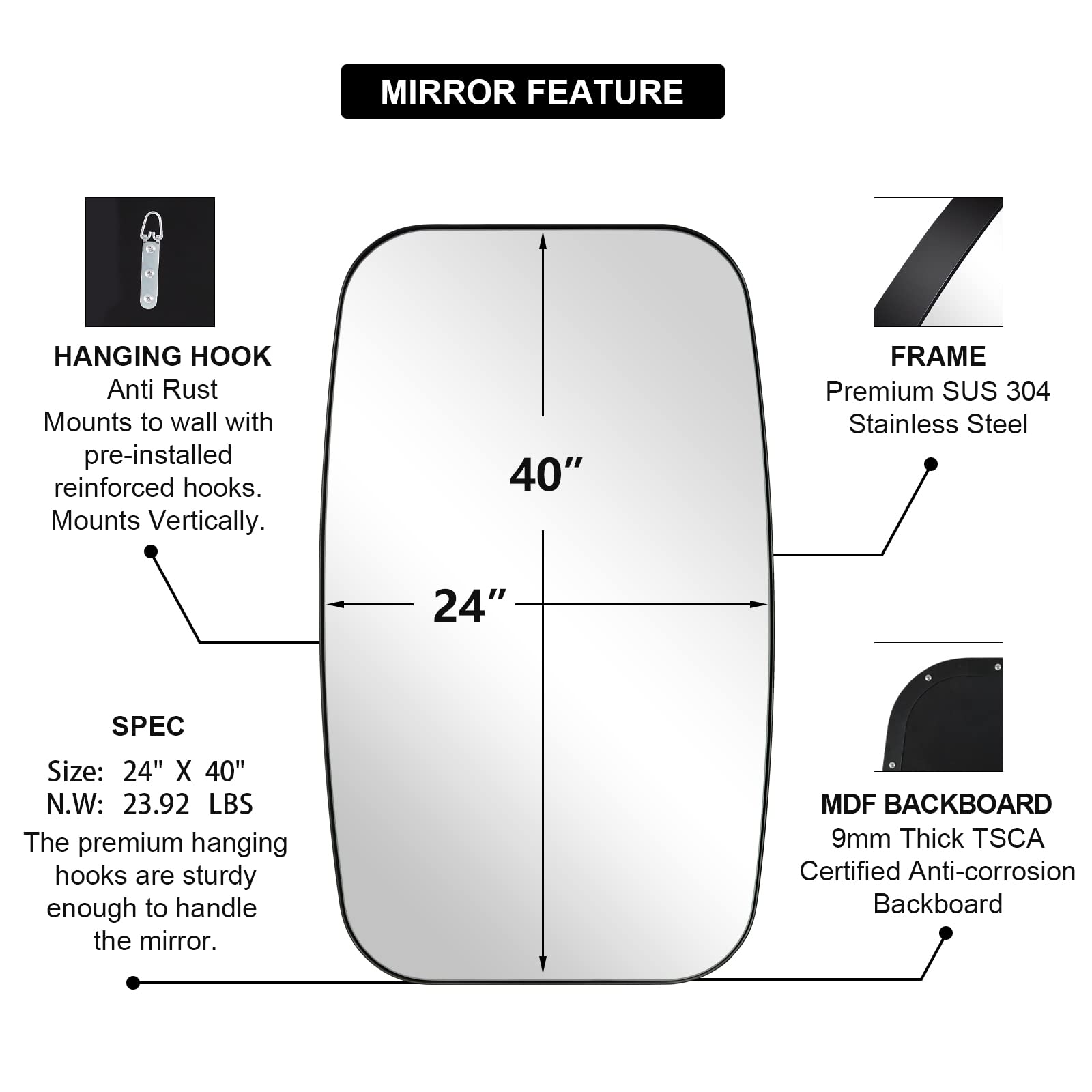 ANDY STAR Black Oval Mirrors for Bathroom, Large 24x40’’ Matte Black Metal Framed Oblong Wall Mirror, Modern Black Vanity Mirror in Stainless Steel Frame Wall Mount Horizontal or Vertical